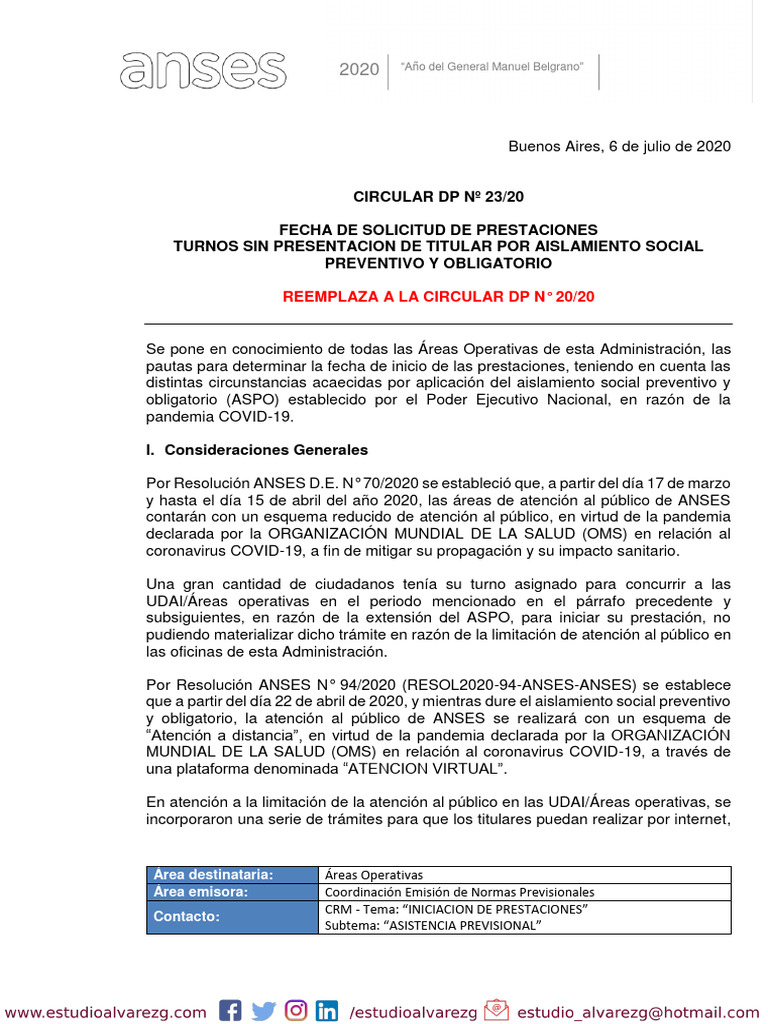 Circular DP #23/20 Fecha de Solicitud de Prestaciones Turnos Sin Presentacion de Titular | PDF