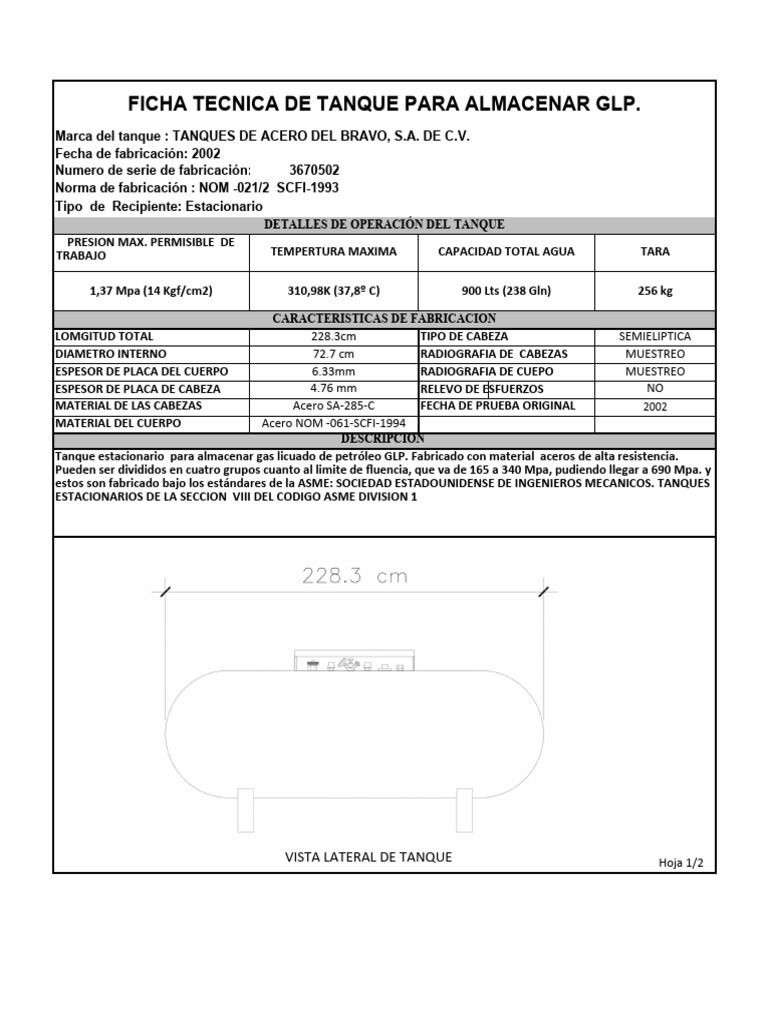 Ficha Tecnica de Tanque | PDF | Ingeniería mecánica