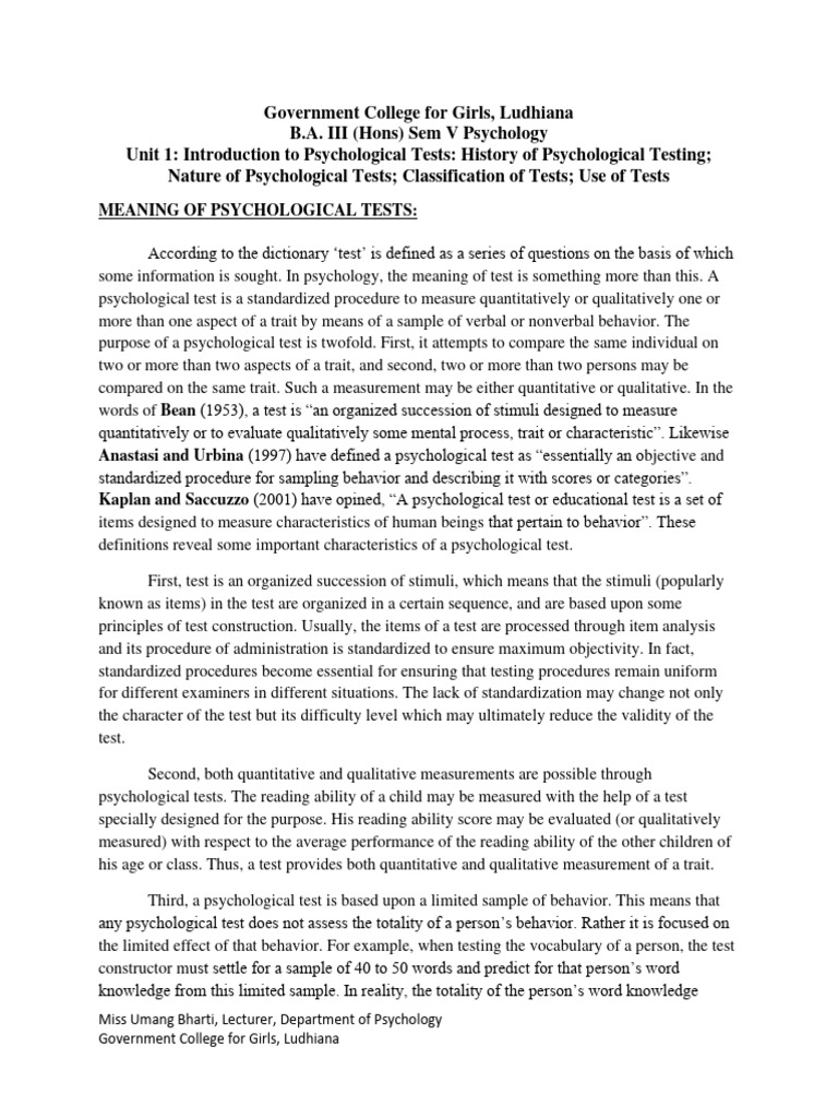 Unit 1 - Introduction To Psychological Tests | PDF | Wechsler Adult ...