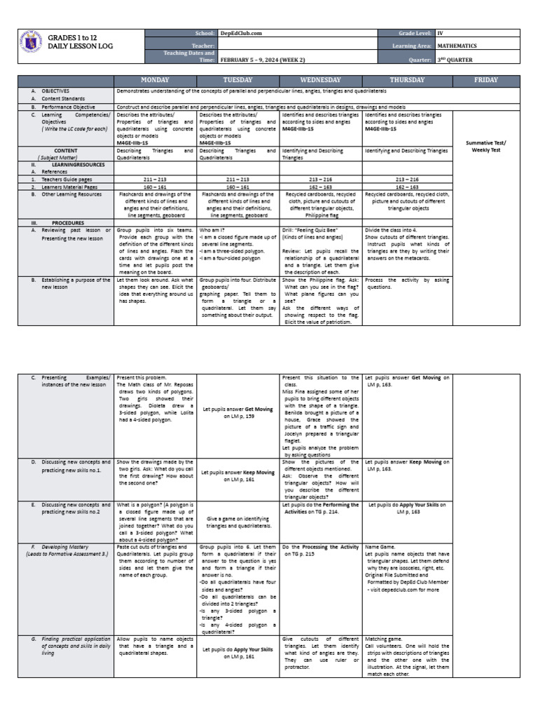 DLL - Mathematics 4 - Q3 - W2 | PDF | Triangle | Shape