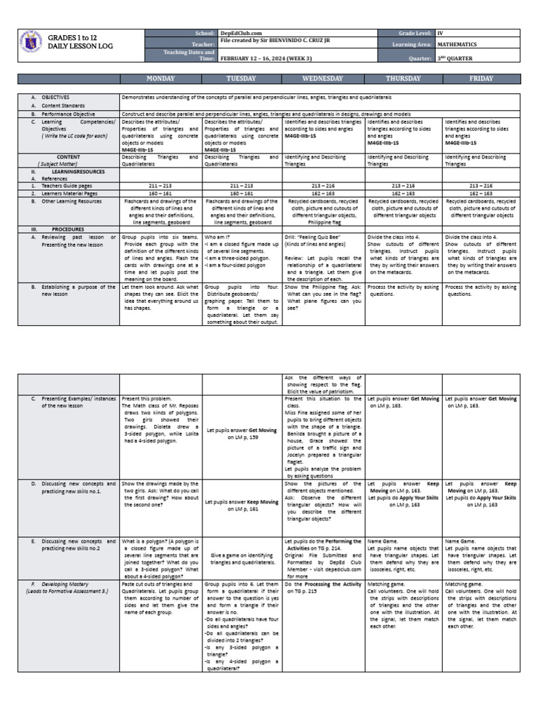 DLL - Mathematics 4 - Q3 - W3 | PDF | Triangle | Shape
