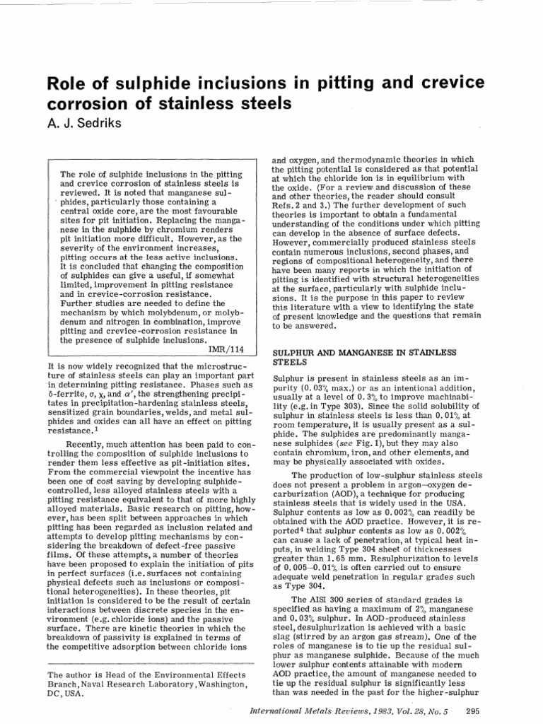 Sedriks 1983 Role of Sulphide Inclusions in Pitting and Crevice ...