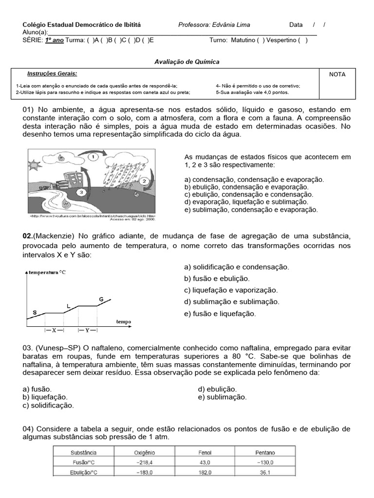 Teste Quimica 1 Ano Turma B Pdf
