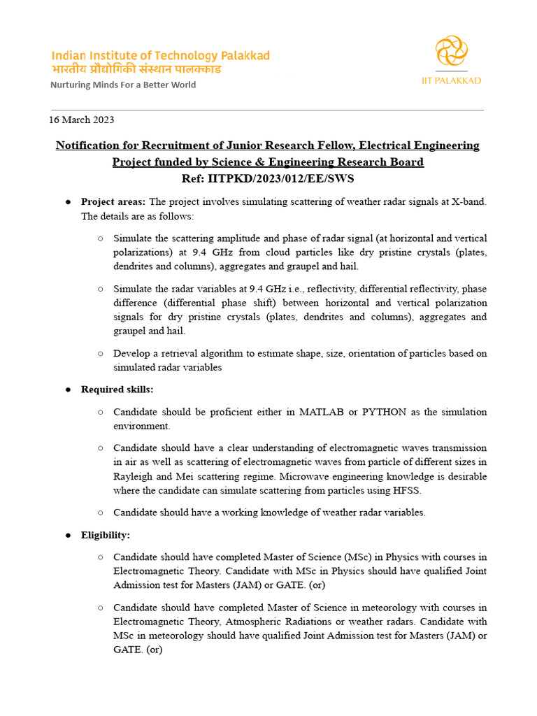 JRF - Iitpkd-2023-012-Ee-Sws | PDF | Scattering | Radar