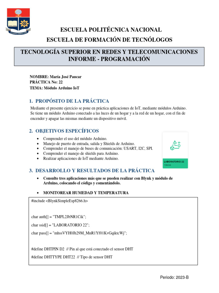 Laboratorio #22 Programacion MARIA JOSE PAUCAR | PDF | Arduino | Internet de las Cosas