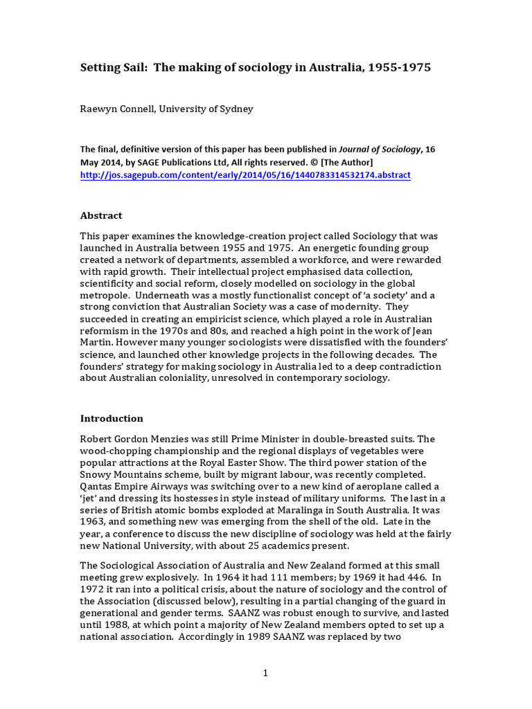 Connell (2014) Setting Sail, Australian Sociology 1955-1975 | PDF ...