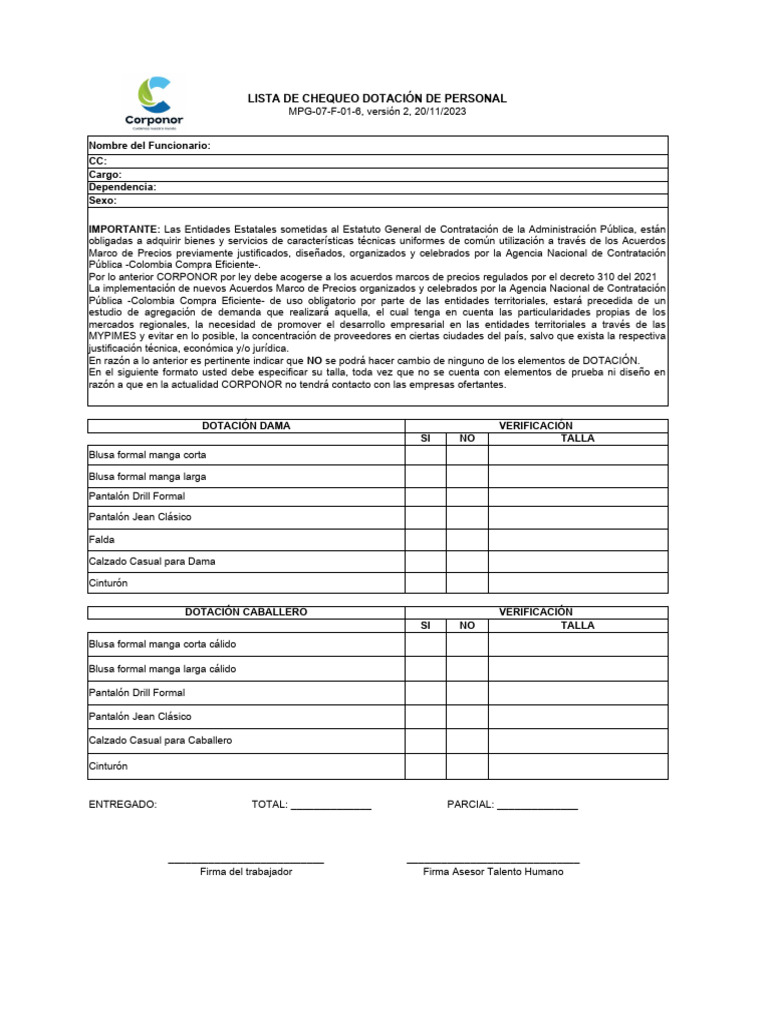 MPG 07 F 01 6 Lista Chequeo Dotacion 2023 v2 | PDF | Ciencias económicas | Economias