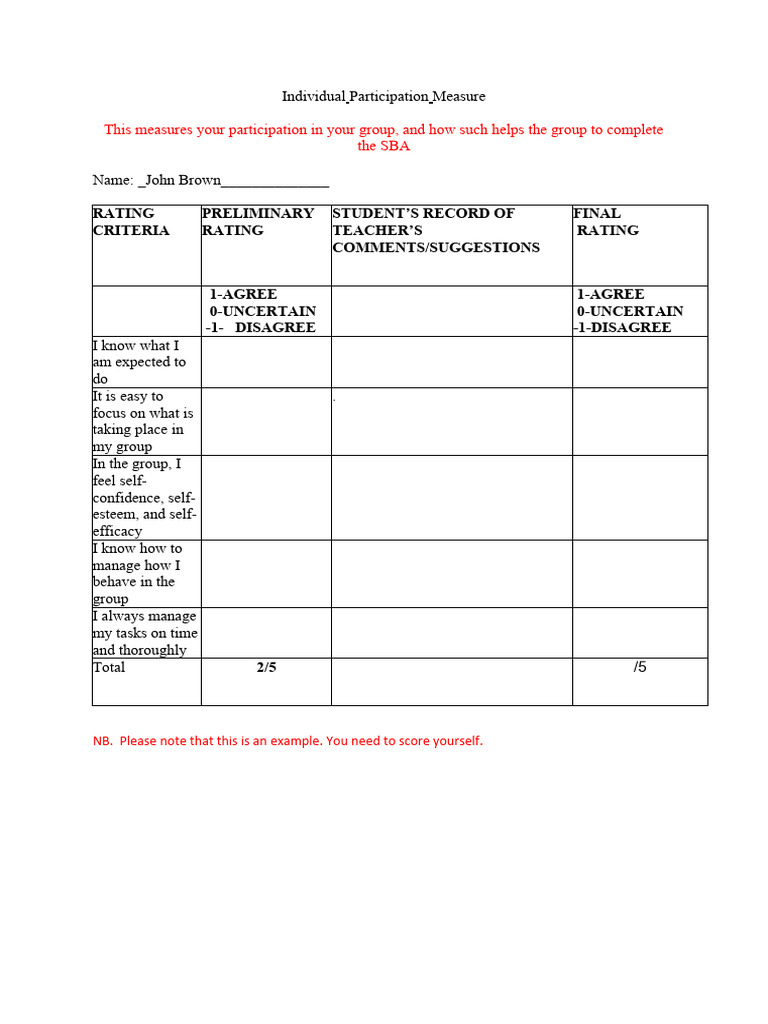 Individual Participation Measure - English SBA (Repaired) | PDF