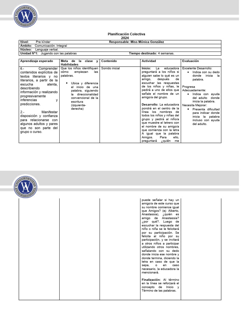 Planificación Colectiva Unidad N°1 PK - 2024 | PDF