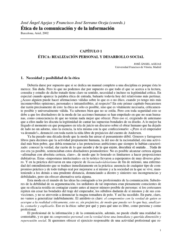 U1 Agejas y Serrano - Ética de La Com y de La Inf Cap 1 | PDF | Moralidad | Verdad