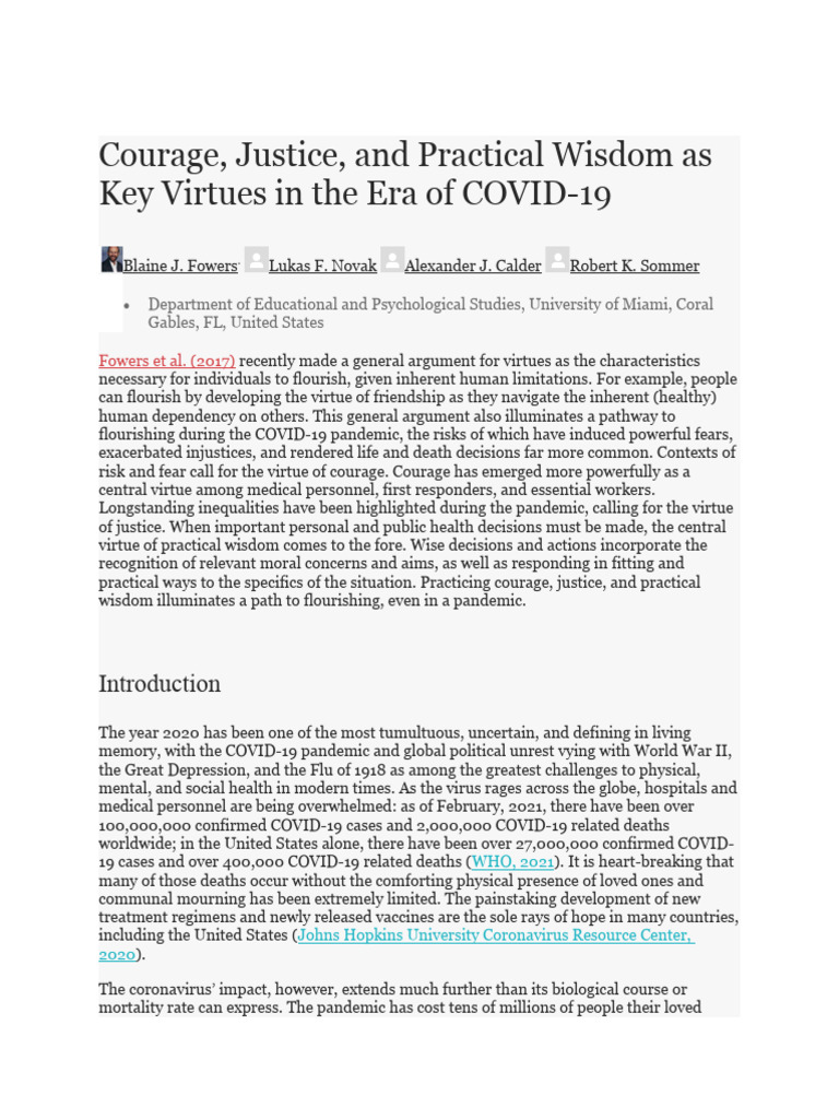 Courage, Justice, and Practical Wisdom As Key Virtues in The Era of COVID-19 | PDF | Courage ...