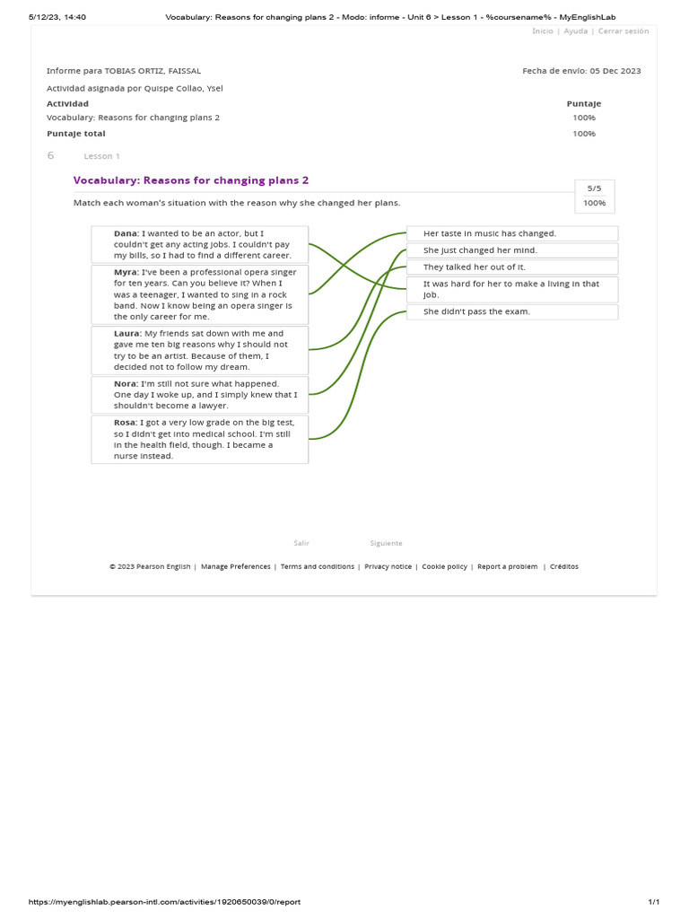 Vocabulary - Reasons For Changing Plans 2 - Modo - Informe - Unit 6 - Lesson 1 - MyEnglishLab | PDF