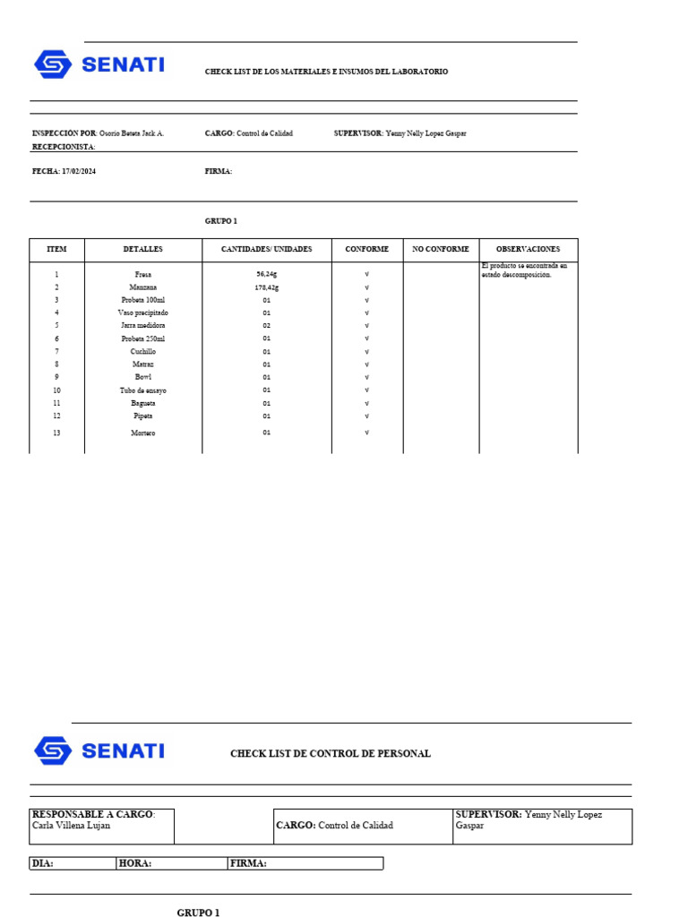 Check List de Los Materiales e Insumos Del Laboratorio Control Personal ...