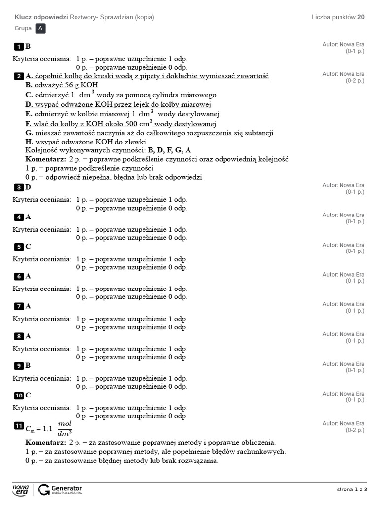 Roztwory - Sprawdzian (Kopia) Klucz Odpowiedzi | PDF