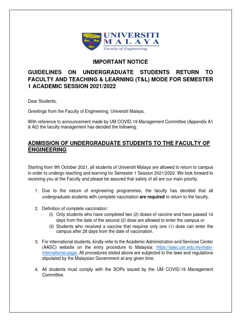 UM Engineering Students Return Guidelines | PDF