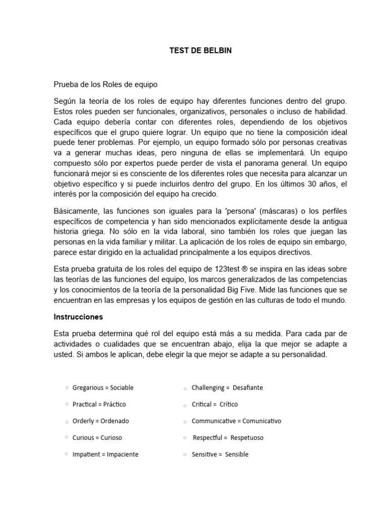 Test de Belbin | PDF | Procesos mentales | Sicología