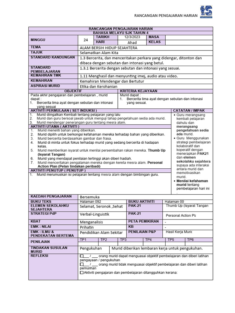 RPH Minggu 24 BM SJK THN 4 2023 by Cikgu Gorgeous 2 | PDF