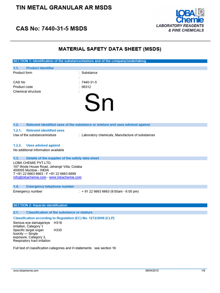 Tin Metal Granular Ar MSDS - Cas 7440-31-5 MSDS | PDF | Dangerous Goods ...