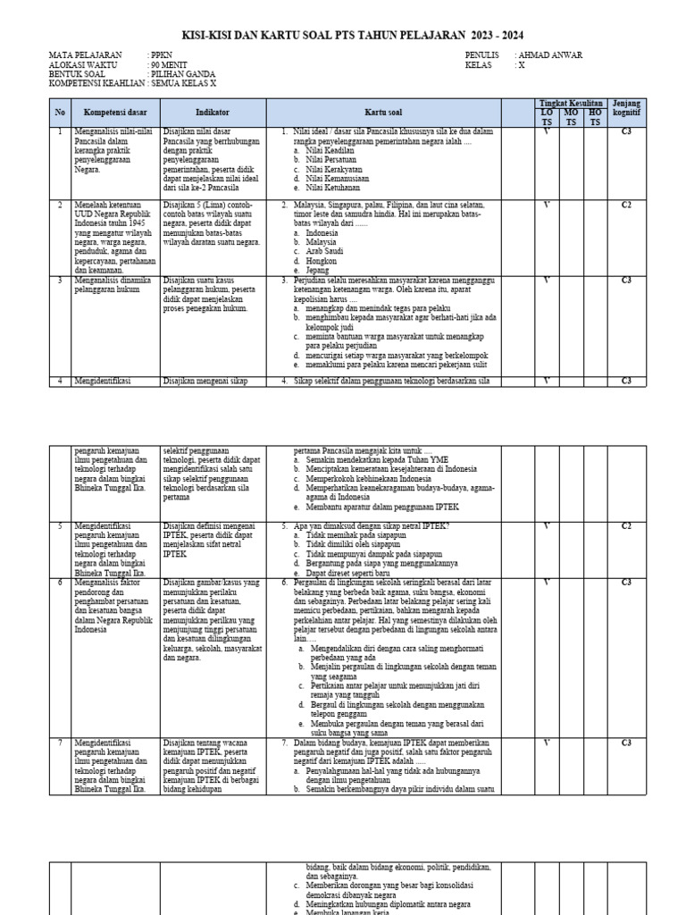Kartu Soal Dan Kisi-Kisi | PDF