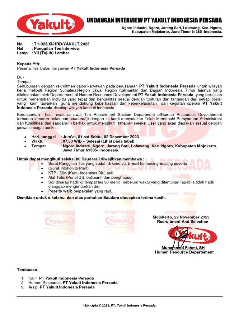 Undangan Interview PT Yakult Indonesia Persada - Mojokerto | PDF