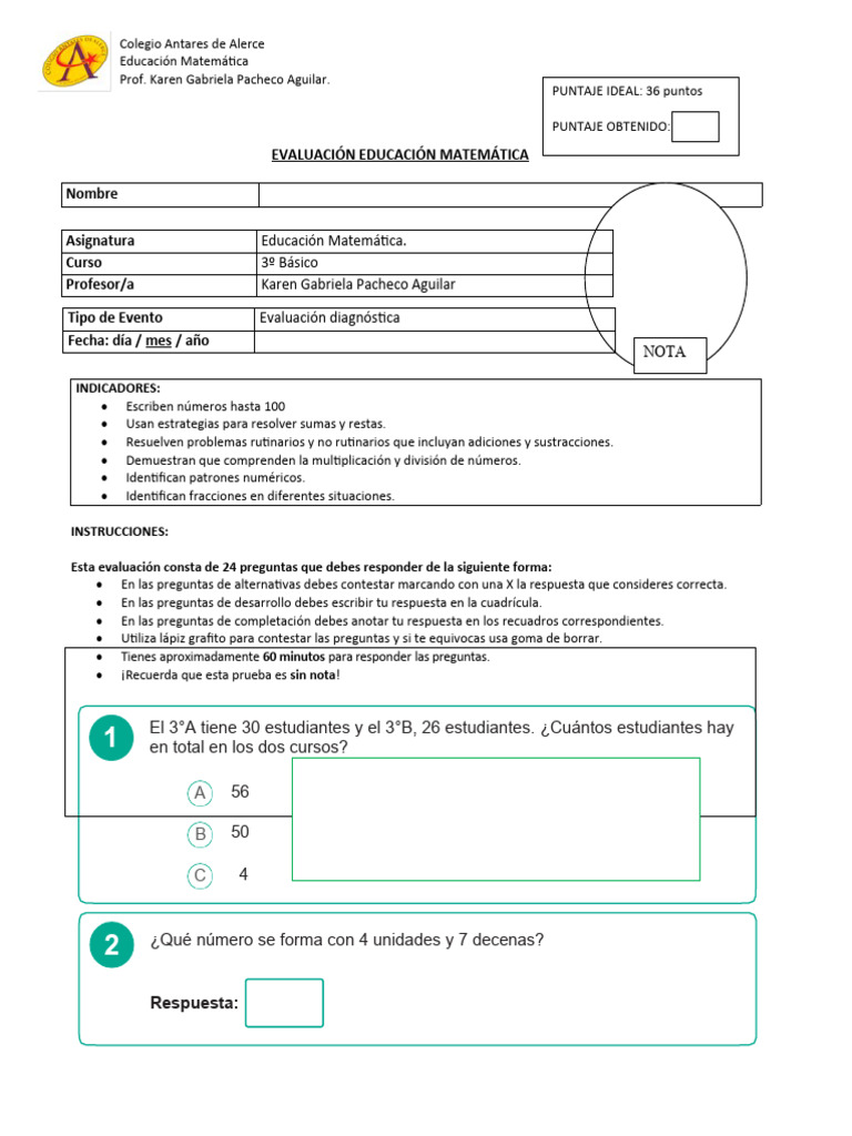 Evaluación Diagnóstica - Matemática - 3ro Básico | PDF