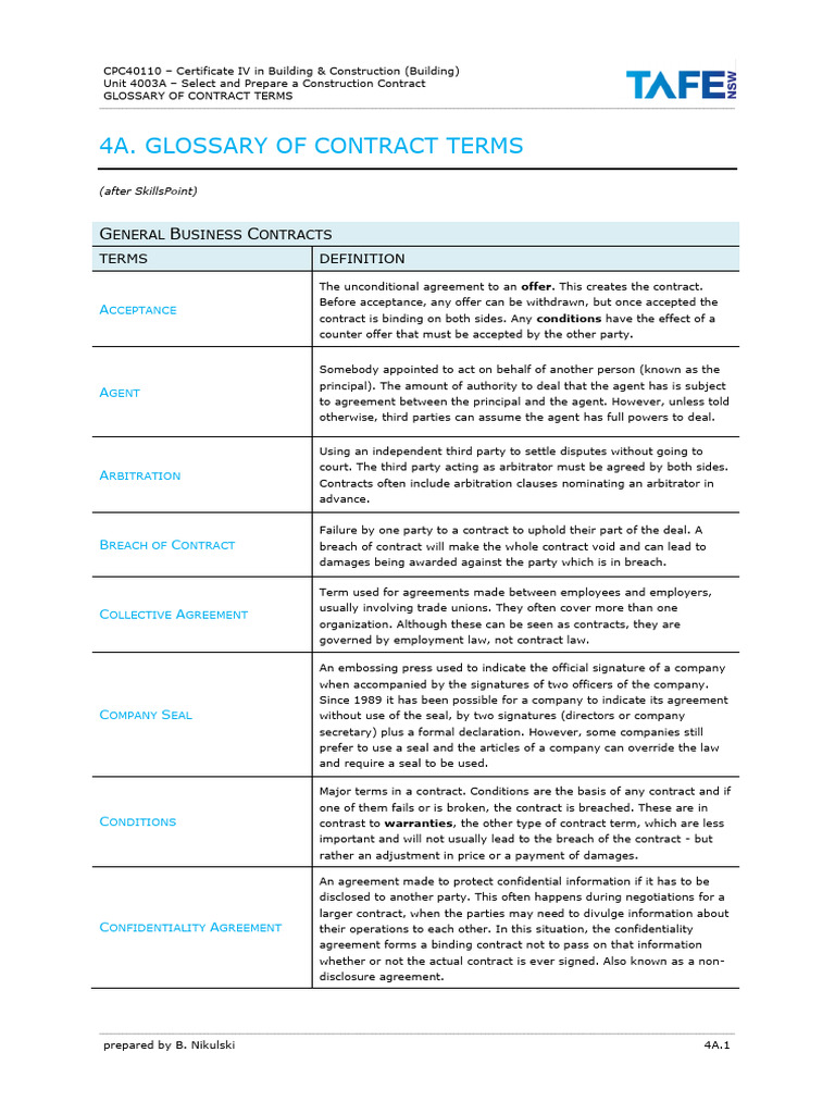 4A. 4003 - Contracts - Glossary of Contract Terms S121 | PDF | Bankruptcy | Liquidation
