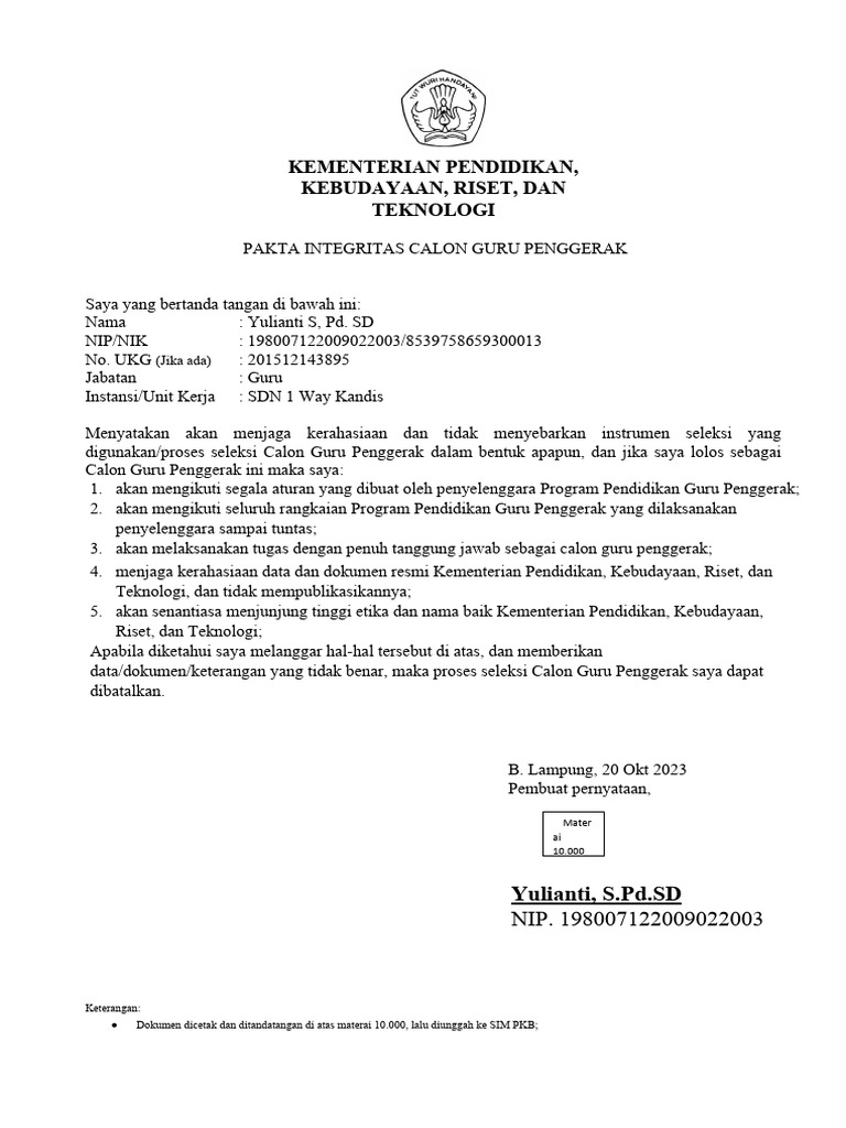 Pakta Integritas CGP 11 REGULER | PDF