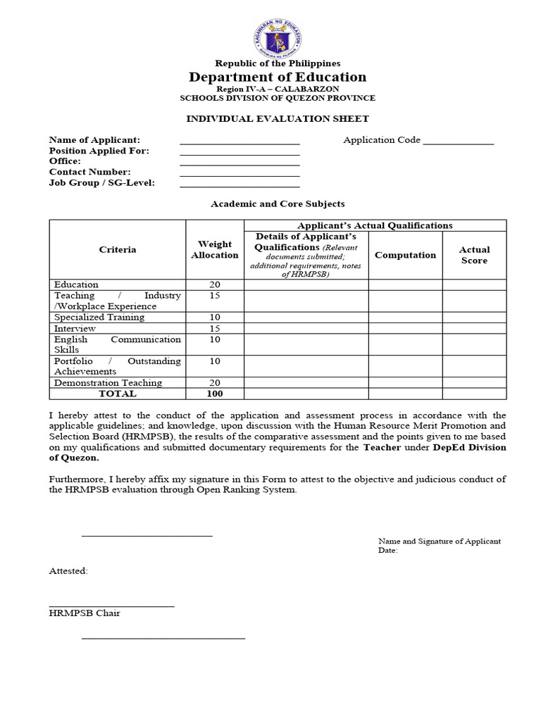INDIVIDUAL EVALUATION SHEET For Shs | Download Free PDF | Evaluation ...