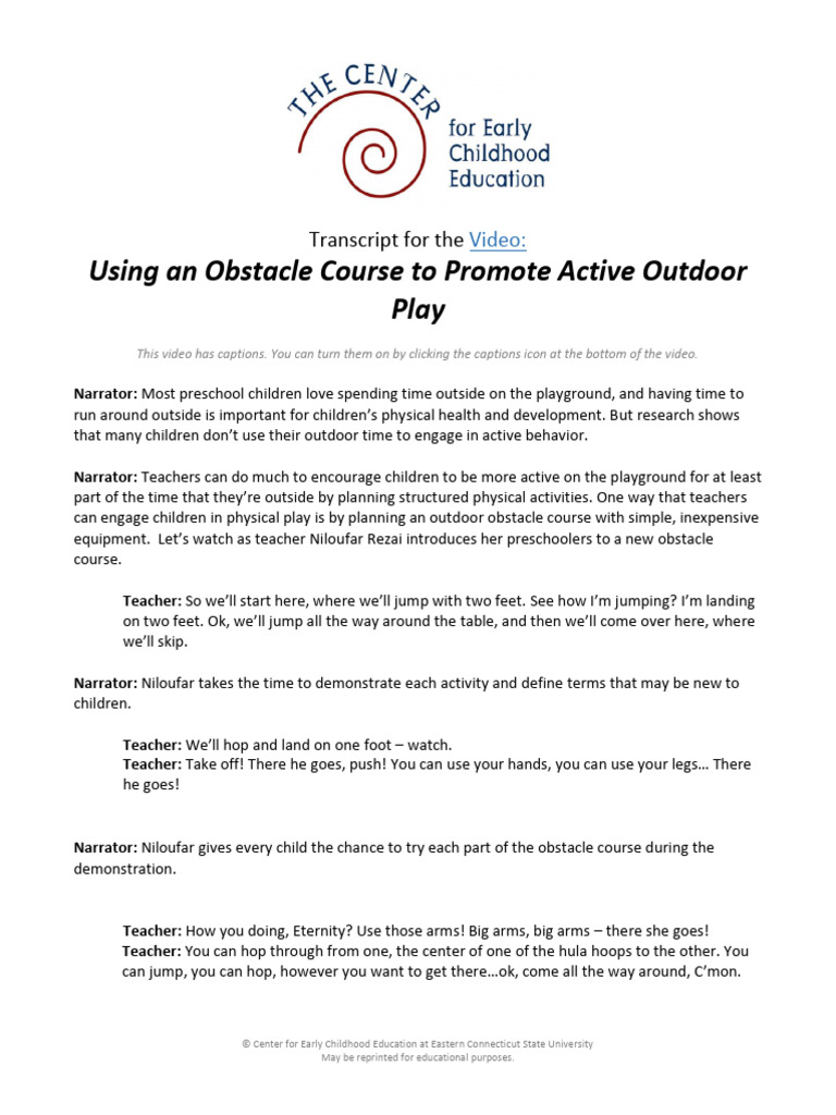 Using An Obstacle Course To Promote Active Outdoor Play | PDF