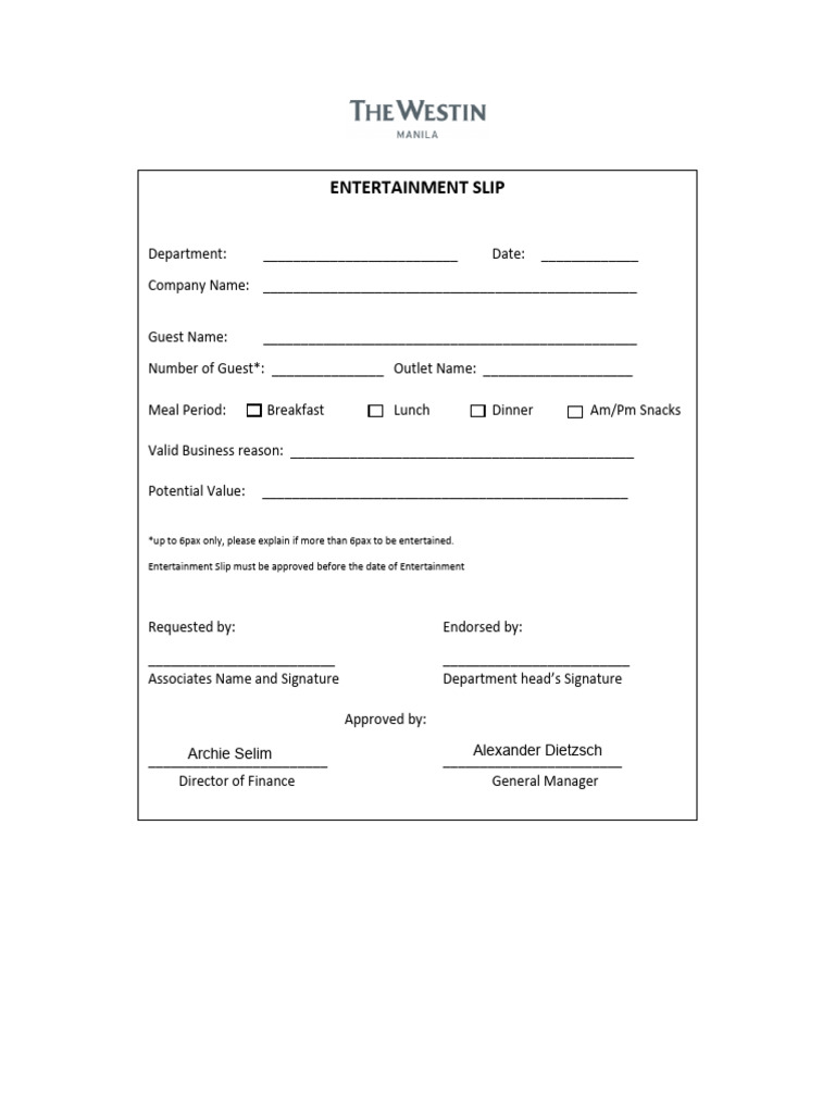 Entertainment Slip Approval Form | PDF | Finance & Money Management