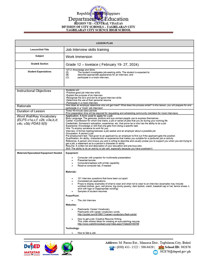Lesson Plan - The Mock Interview | PDF | Job Interview | Individualized ...