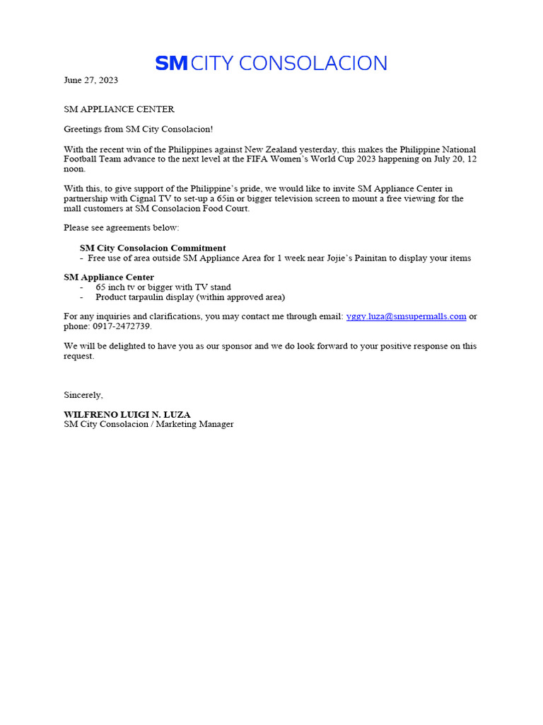 SMCS Sponsorship Letter (SM APPLIANCE CENTER) | PDF | Business