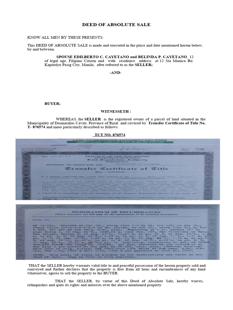 Deed of Absolute Sale Ere | Download Free PDF | Deed | Sales