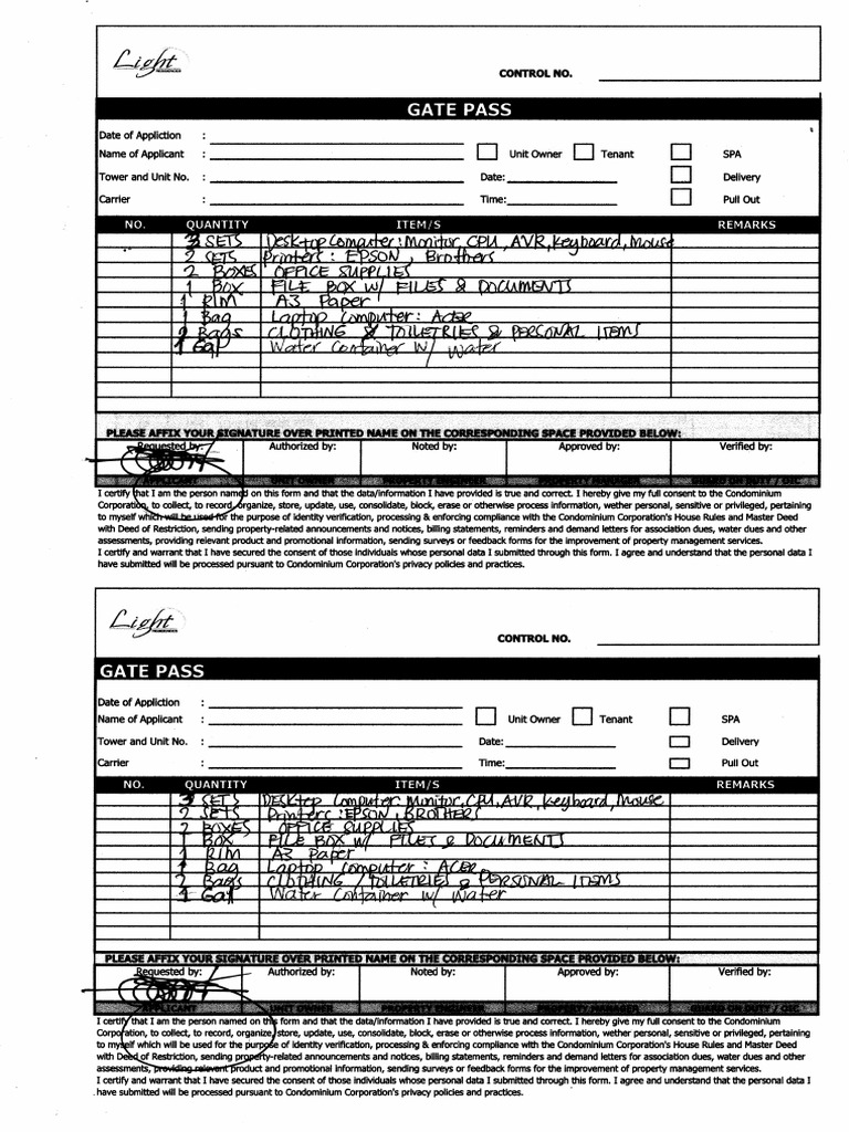 Light Residence Gate Pass Form | PDF