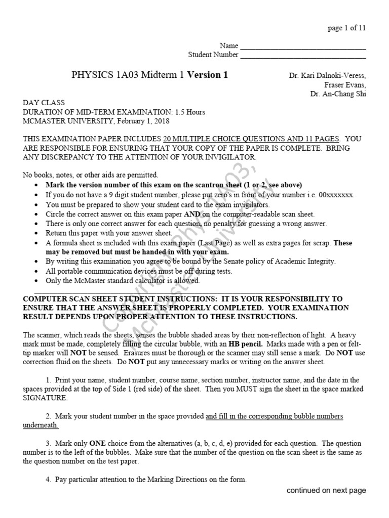 Physics 1A03 Midterm Exam 2018 | PDF | Speed | Velocity