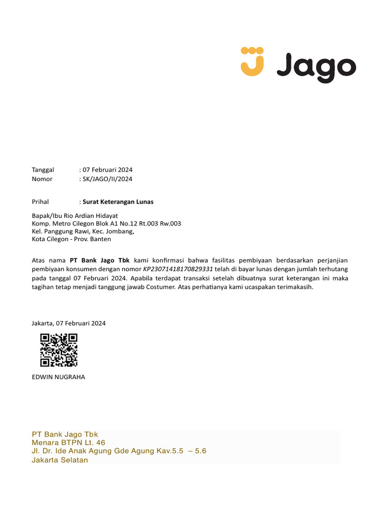Surat Lunas Bank Jago Rio Ardian | PDF
