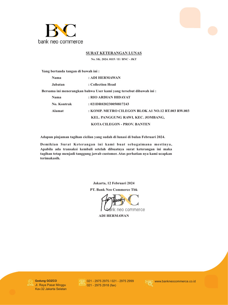 Surat Lunas Bank Neo Commerce Rio Ardian 1 | PDF