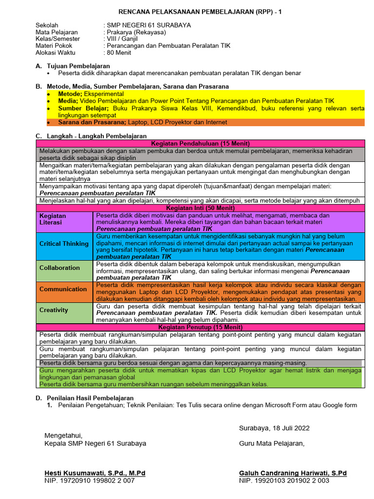 RPP Prakarya Rekayasa Kelas 8 Perancangan Dan Pembuatan Peralatan Tik | PDF | Seni | Komputer