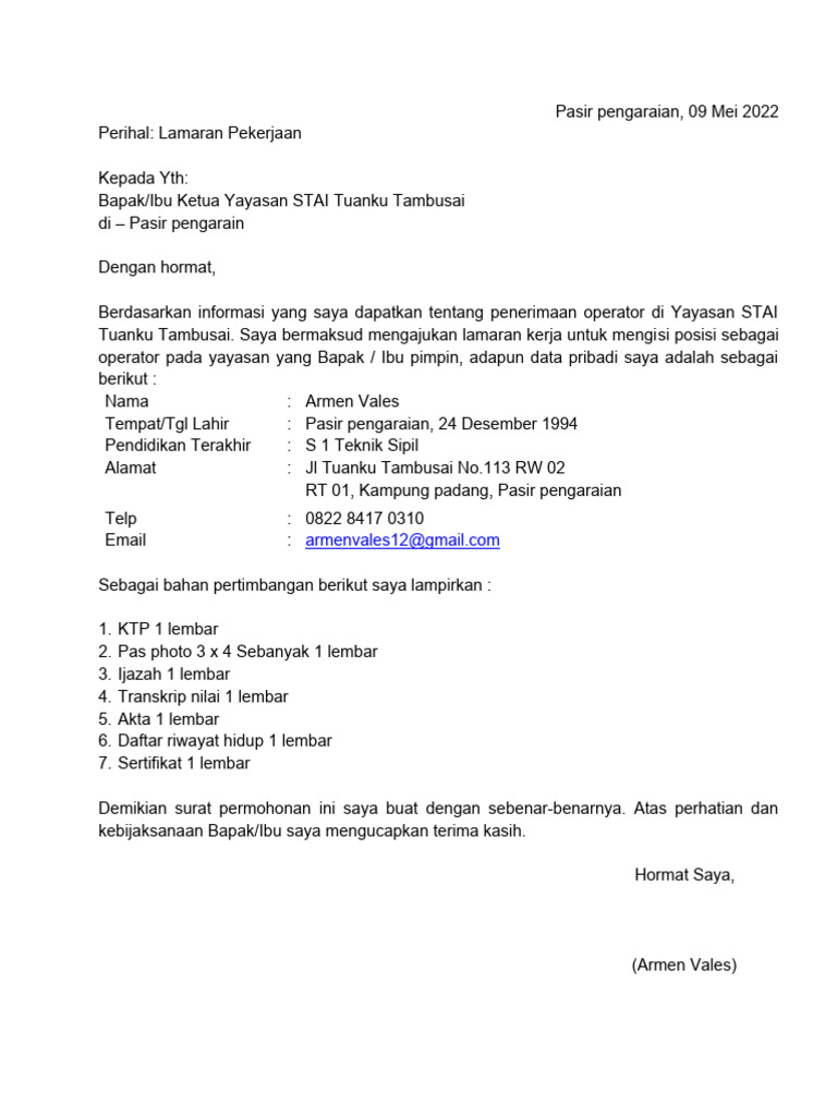 Contoh Surat Lamaran Kerja Di Sekolah Yayasan | PDF