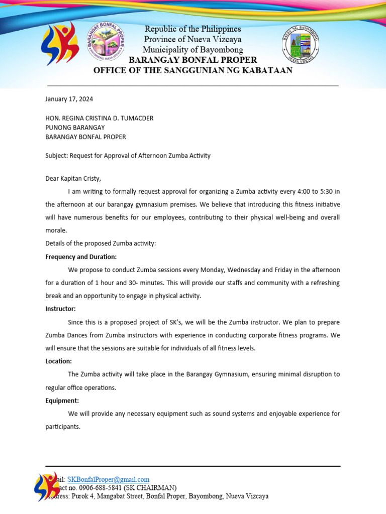 Zumba Activity Proposal for Barangay Bonfal | PDF | Physical Fitness ...