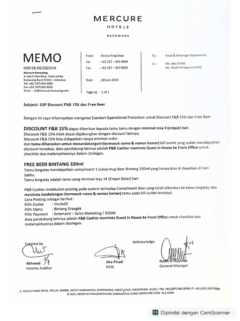 MEMO DISCOUNT F&B 15% Dan FREE BEER | PDF
