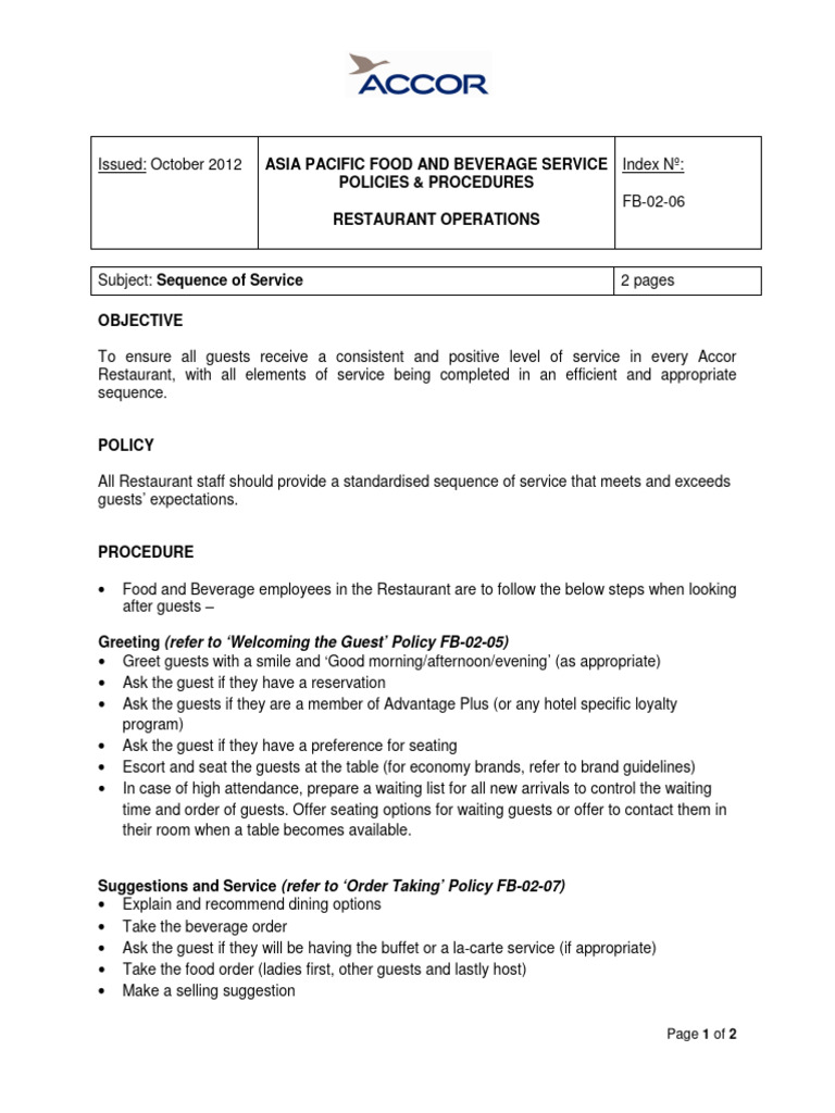 FB 02-06 - Restaurant Ops- Sequence of Service | PDF | Restaurants ...