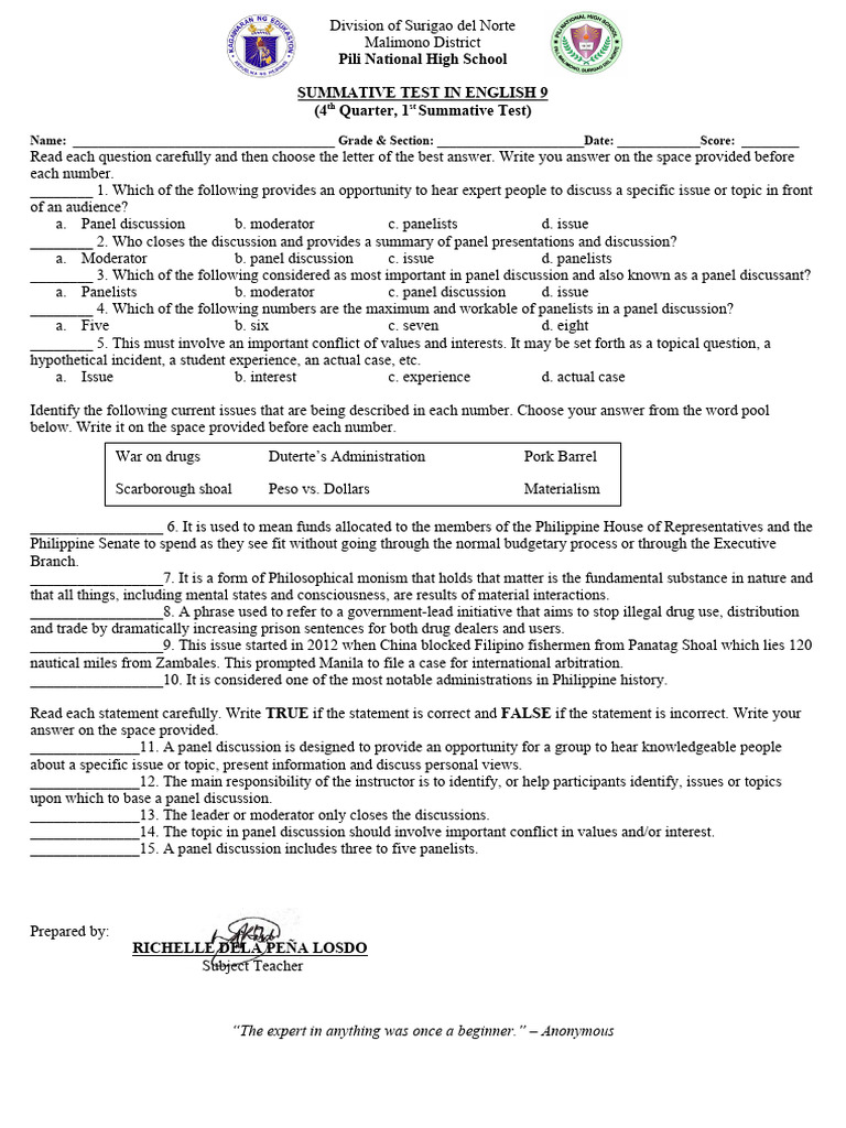 4th Quarter Summative Test | PDF 4th Quarter Summative Test | PDF