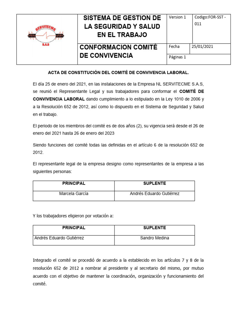 Acta de Conformacion Del Comite de Convivencia Laboral SG-SST | PDF
