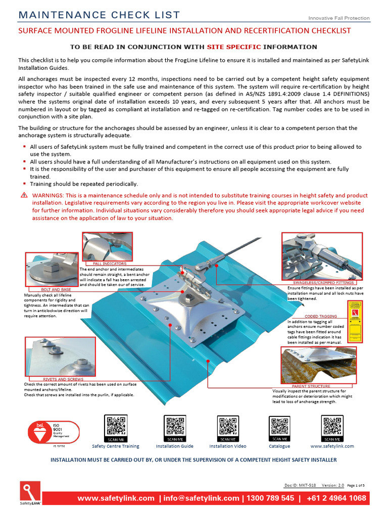 SurfaceLink Lifeline Maintenance Check List | PDF | Rivet | Anchor