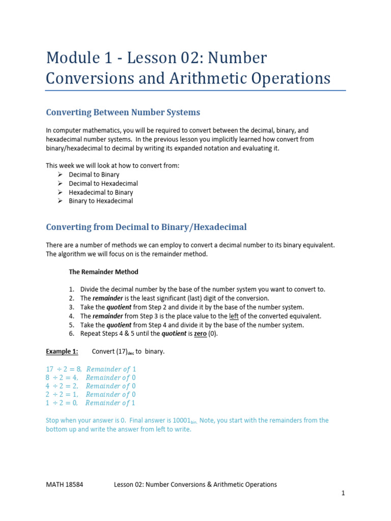 Lesson 02 - Number Conversions and Arithmetic Operations | PDF | Subtraction | Mathematical Notation