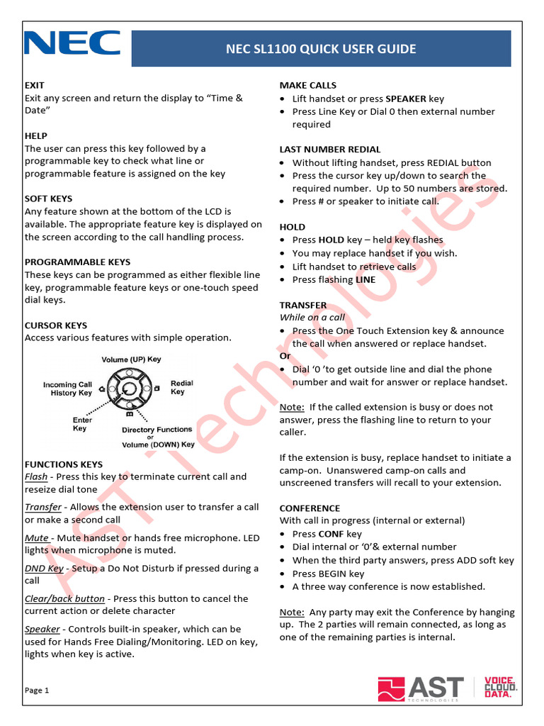 AST NEC SL1100 Quick Reference MKI | PDF | Telephone | Cursor (User Interface)