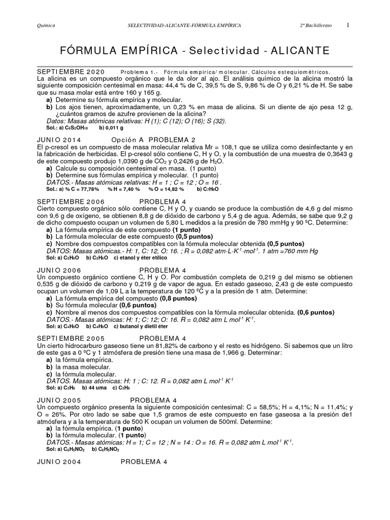 Fórmulas Empíricas de Alicina | PDF | Mole (Unidad) | Gases