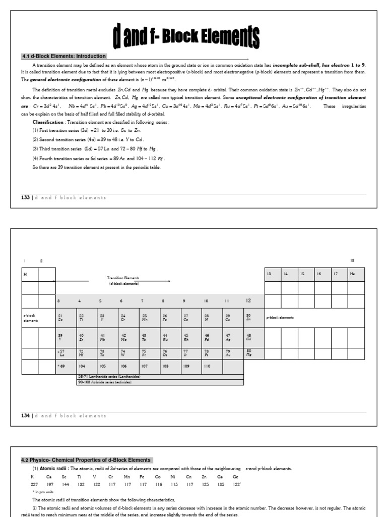 Overview of d and f Block Elements | PDF | Transition Metals | Chemical ...