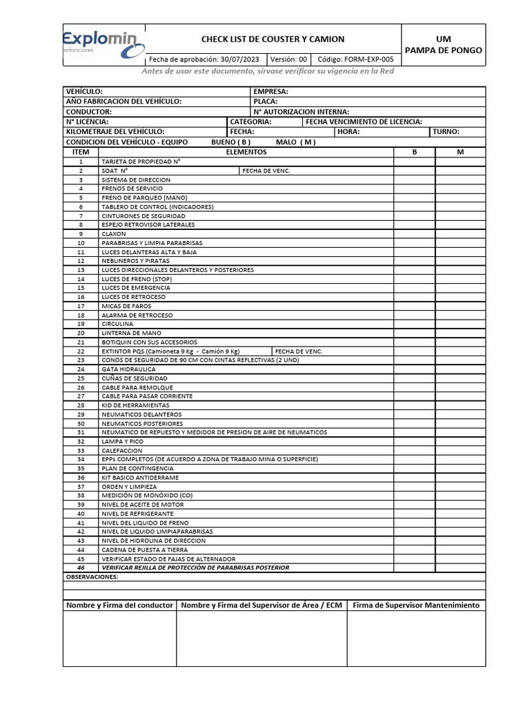 FORM-EXP-005 Check List de Couster y Camion | PDF | Camión | Neumático